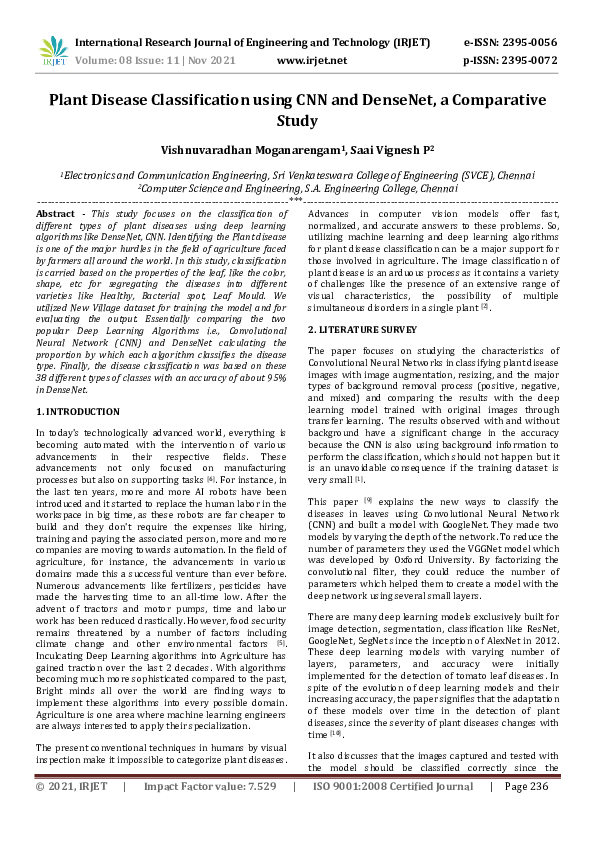 (PDF) IRJET- Plant Disease Classification using CNN and DenseNet, a Comparative Study