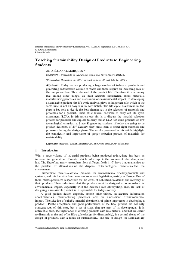 (PDF) Teaching Sustainability Design of Products to Engineering Students