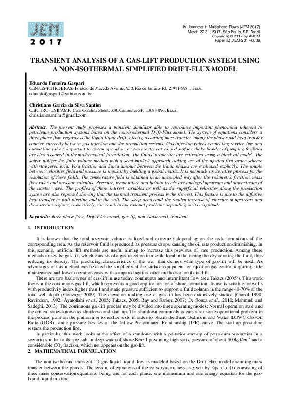 (PDF) Transient Analysis of a Gas-Lift Production System Using a Non-Isothermal Simplified Drift ...