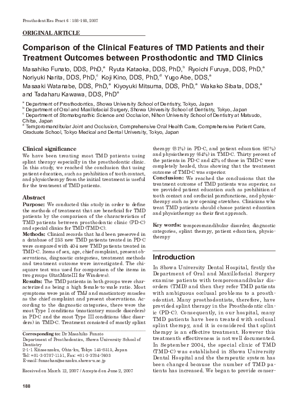 (PDF) Comparison of the Clinical Features of TMD Patients and their ...