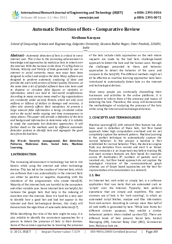 (PDF) IRJET- Automatic Detection of Bots -Comparative Review