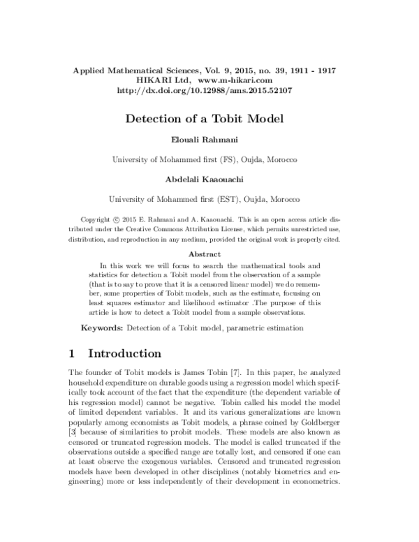 (PDF) Detection of a Tobit model