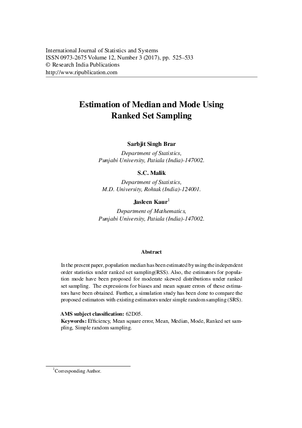 Pdf Estimation Of Median And Mode Using Ranked Set Sampling