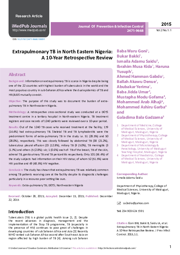 (PDF) Extrapulmonary TB in North Eastern Nigeria: A 10-Year ...