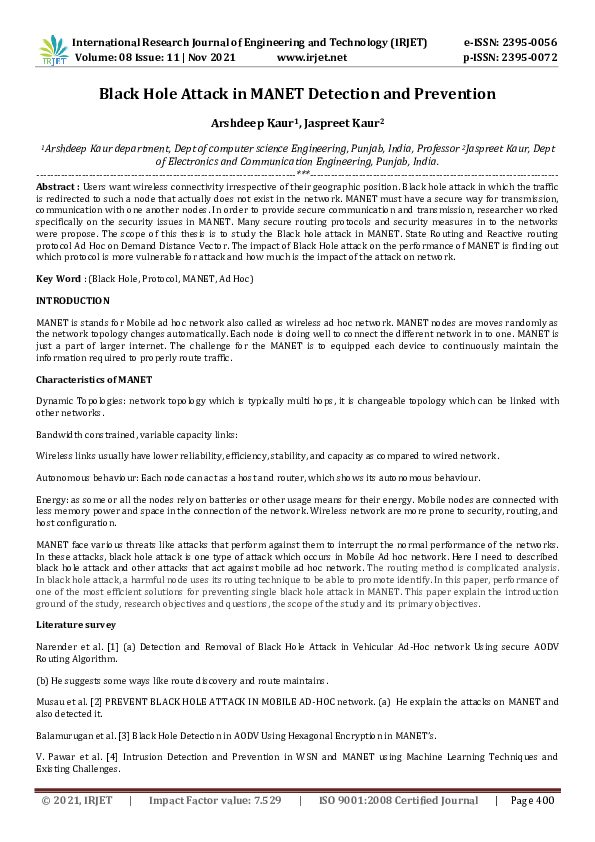 IRJET- Black Hole Attack in MANET Detection and Prevention