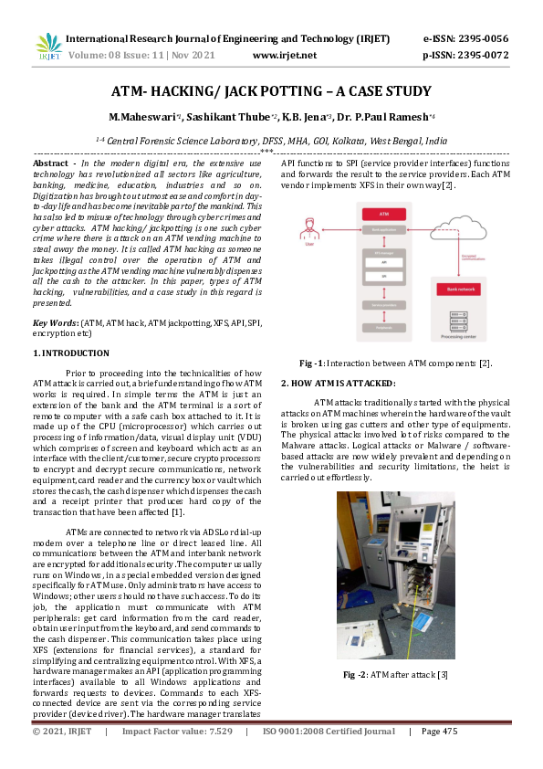(PDF) IRJET- ATM-HACKING/ JACK POTTING -A CASE STUDY