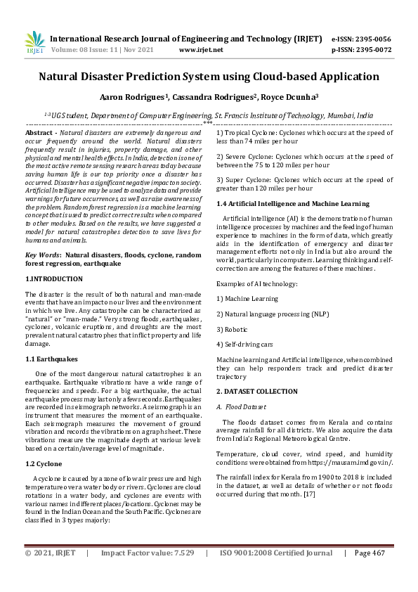 (PDF) IRJET- Natural Disaster Prediction System using Cloud-based ...