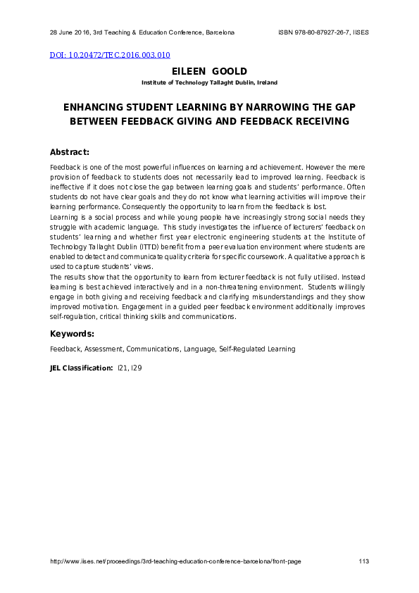 (PDF) Enhancing Student Learning by Narrowing the Gap Between Feedback ...
