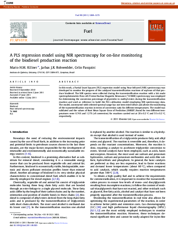 Pdf A Pls Regression Model Using Nir Spectroscopy For On Line