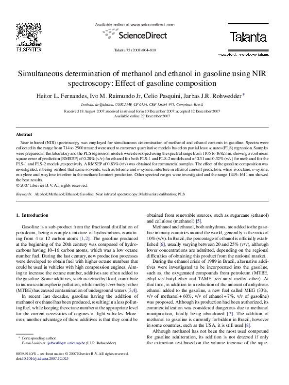 (PDF) Simultaneous determination of methanol and ethanol in gasoline using NIR spectroscopy ...