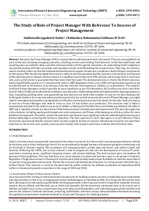 (PDF) IRJET- The Study of Role of Project Manager With Reference To ...
