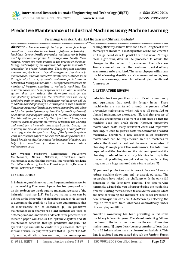 (PDF) IRJET- Predictive Maintenance of Industrial Machines using ...