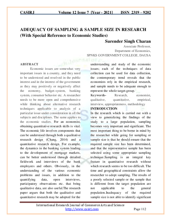 (PDF) ADEQUACY OF SAMPLING & SAMPLE SIZE IN RESEARCH (With Special ...