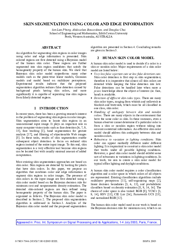 Pdf Skin Segmentation Using Color And Edge Information