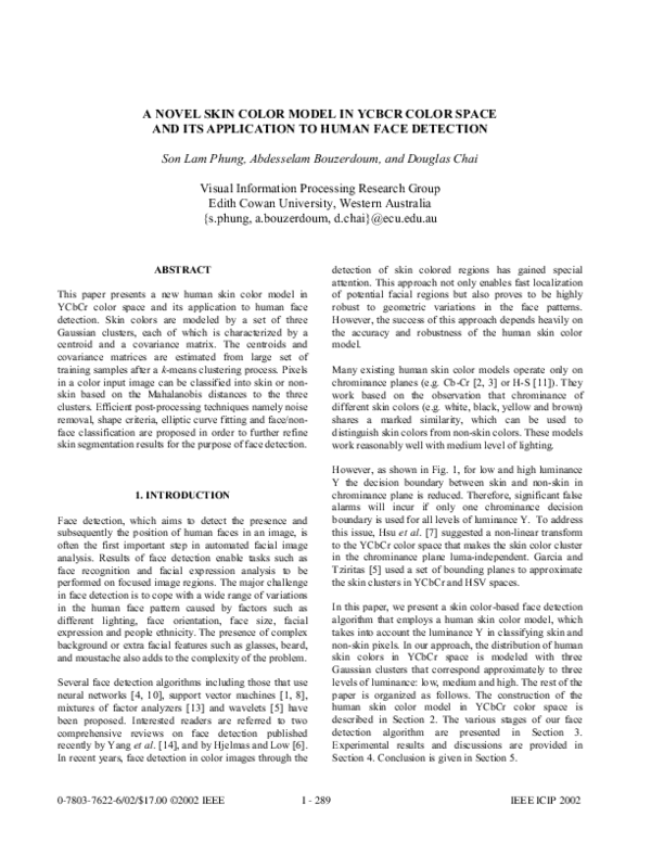 Pdf A Novel Skin Color Model In Ycbcr Color Space And Its Application