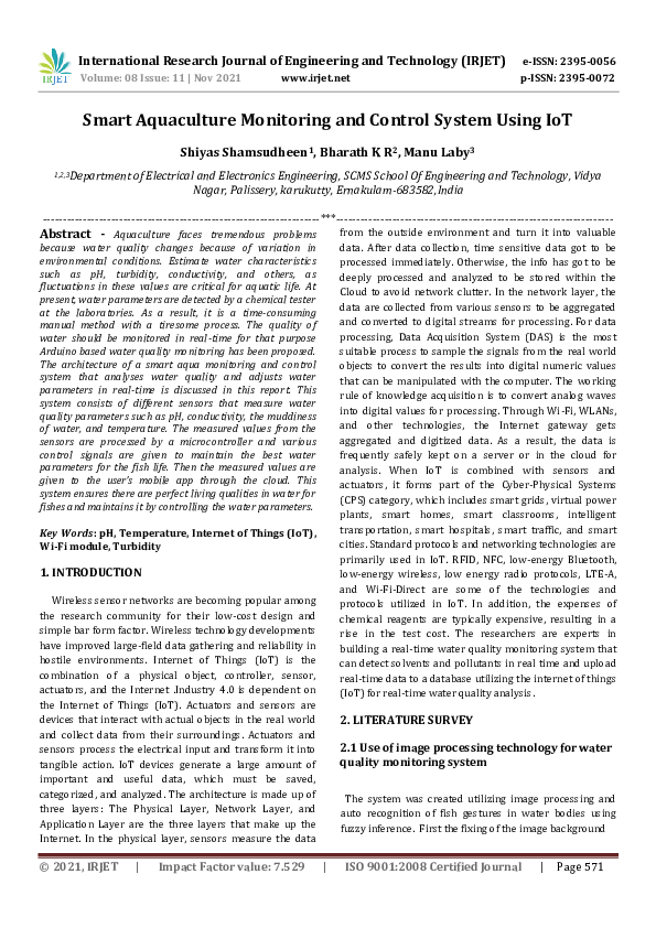 Pdf Irjet Smart Aquaculture Monitoring And Control System Using Iot