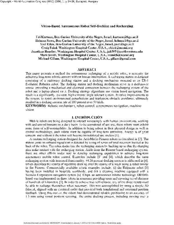 Pdf Vision Based Autonomous Robot Self Docking And Recharging