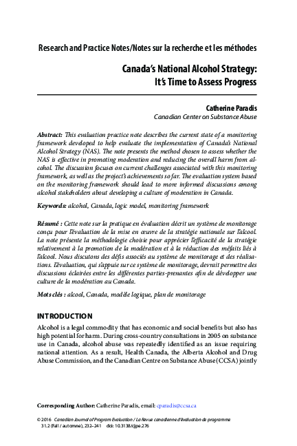 (PDF) Canada’s National Alcohol Strategy: It’s Time to Assess Progress