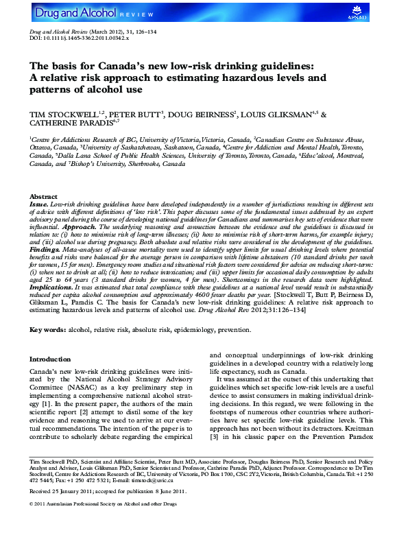 (PDF) The basis for Canada's new low-risk drinking guidelines: A ...