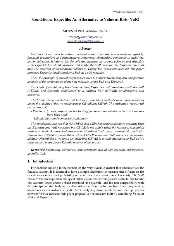 (PDF) Conditional Expectile: An Alternative to Value at Risk (VaR (PDF) Conditional Expectile: An Alternative to Value at Risk (VaR