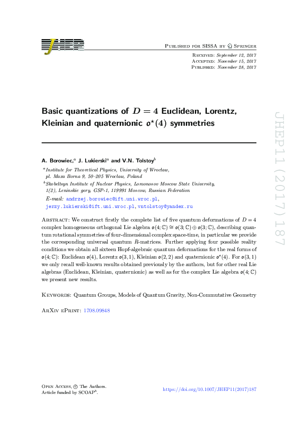 (PDF) Basic quantizations of D = 4 Euclidean, Lorentz, Kleinian and quaternionic o ⋆ 4 ...