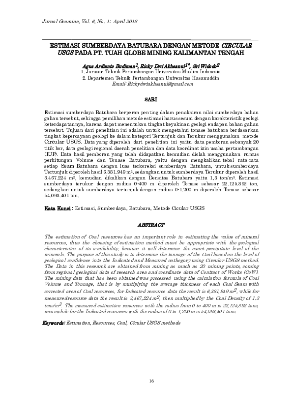 (PDF) Estimasi Sumberdaya Batubara Dengan Metode Circular Usgs Pada Pt ...