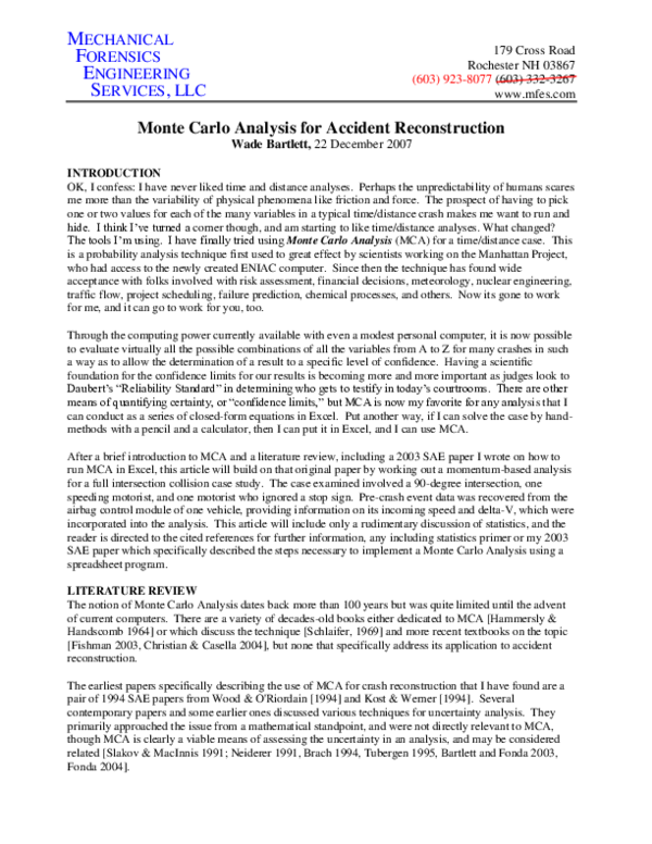 (PDF) Monte Carlo Analysis for Accident Reconstruction | Wade Bartlett ...