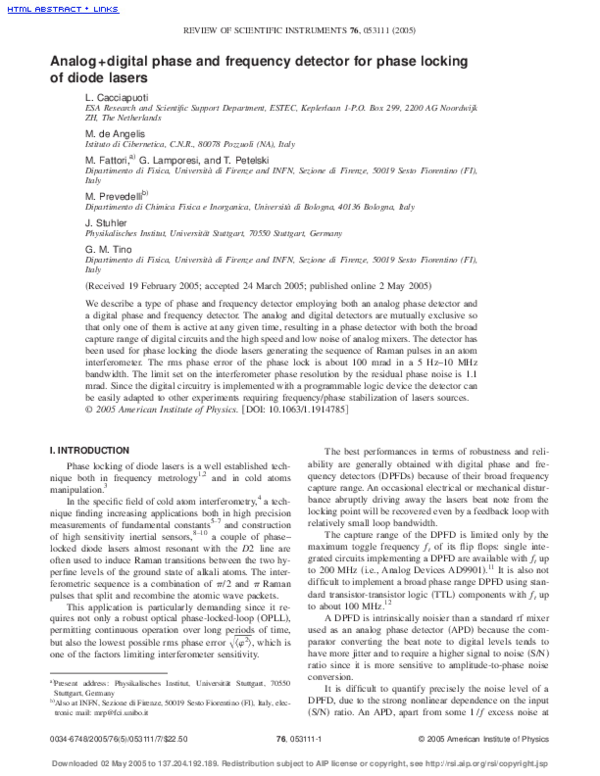 (PDF) Analog+digital phase and frequency detector for phase locking of ...