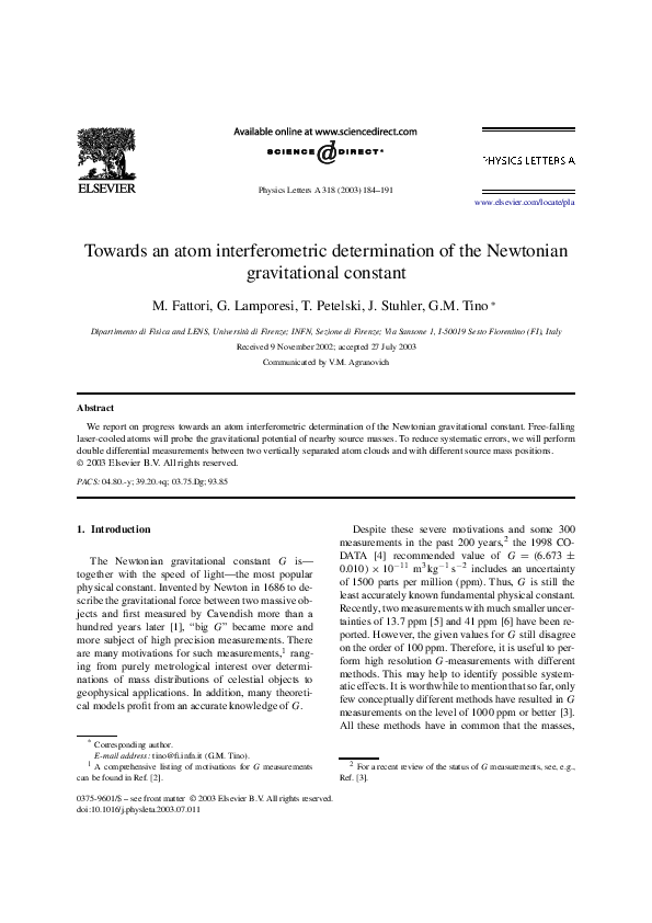 Pdf Towards An Atom Interferometric Determination Of The Newtonian Gravitational Constant