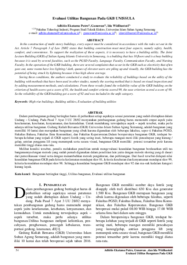 (PDF) Evaluasi Utilitas Bangunan Pada GKB UNISSULA