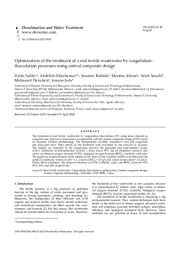 (PDF) Optimization of the treatment of a real textile wastewater by coagulation-flocculation ...