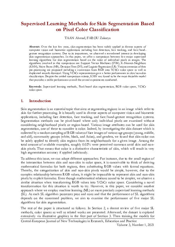 Pdf Supervised Learning Methods For Skin Segmentation Based On Pixel