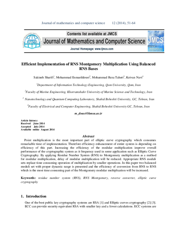 (PDF) Efficient Implementation of RNS Montgomery Multiplication Using Balanced RNS Bases