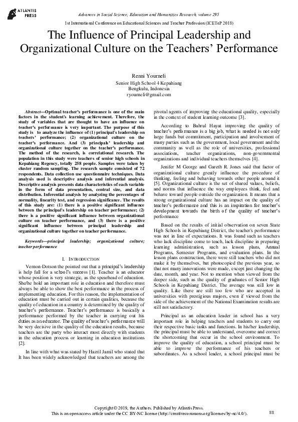 (PDF) The Influence of Principal Leadership and Organizational Culture ...