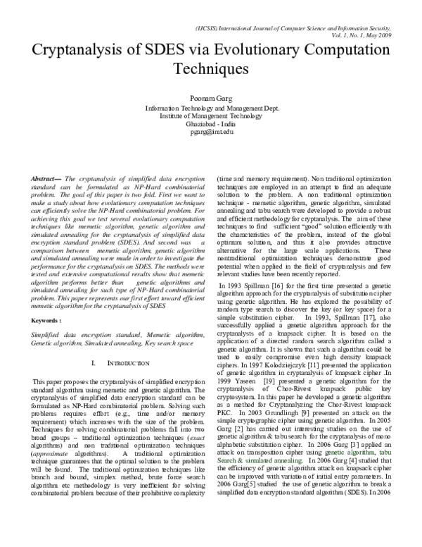 (PDF) Cryptanalysis of SDES via evolutionary computation techniques | Poonam Garg - Academia.edu