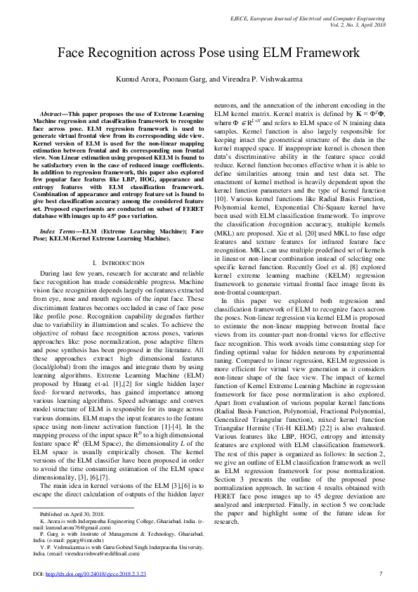 (PDF) Face Recognition across Pose using ELM Framework