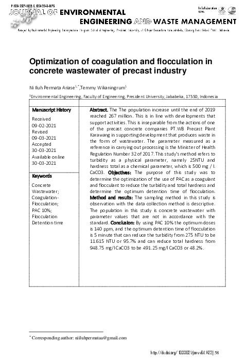 (PDF) Optimization of Coagulation and Flocculation in Concrete Wastewater of Precast Industry