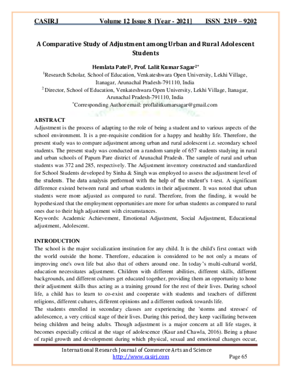 (PDF) A Comparative Study of Adjustment among Urban and Rural ...