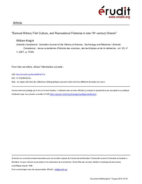 (PDF) Samuel Wilmot, Fish Culture, and Recreational Fisheries in late ...