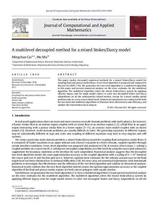 (PDF) A multilevel decoupled method for a mixed Stokes/Darcy model