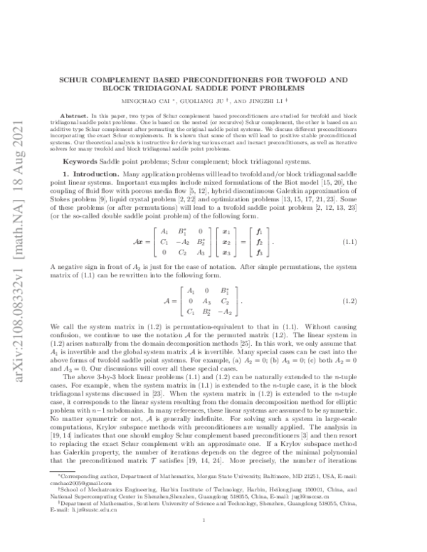 Pdf Schur Complement Based Preconditioners For Twofold And Block Tridiagonal Saddle Point Problems