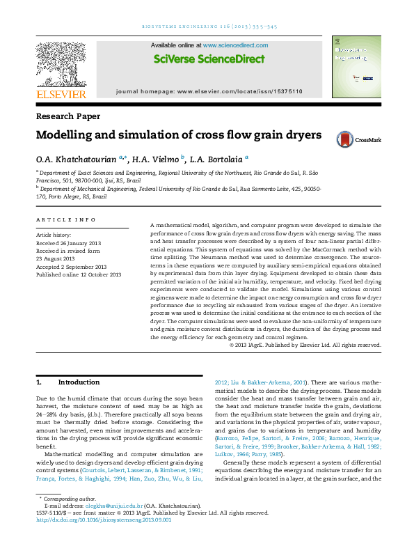 (PDF) Modelling and simulation of cross flow grain dryers