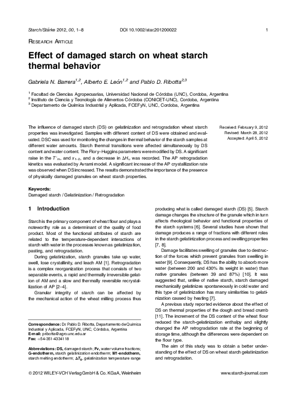 (PDF) Effect of damaged starch on wheat starch thermal behavior