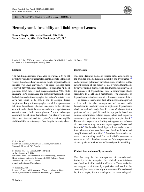 (PDF) Hemodynamic instability and fluid responsiveness