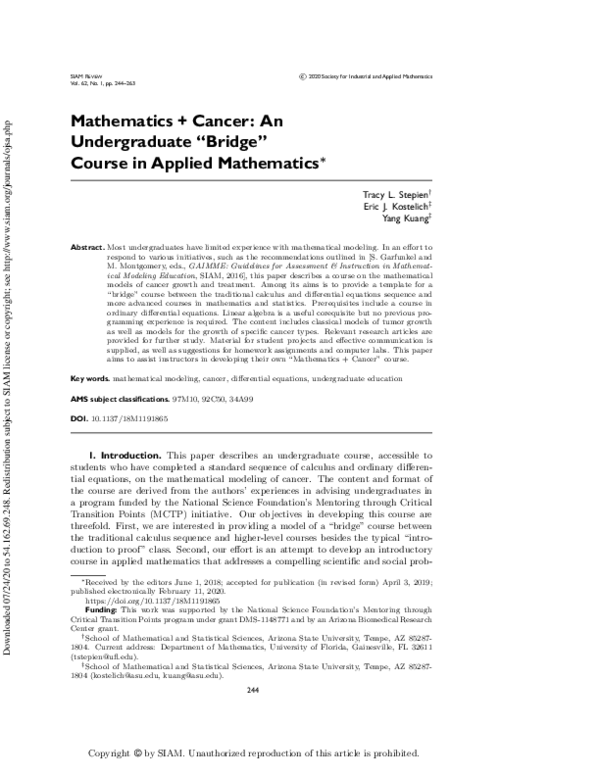 (PDF) Mathematics + Cancer: An Undergraduate "Bridge" Course in Applied ...