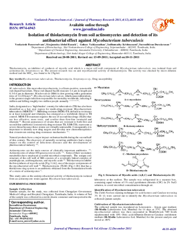 (PDF) Isolation of thiolactomycin from soil actinomycetes and detection ...