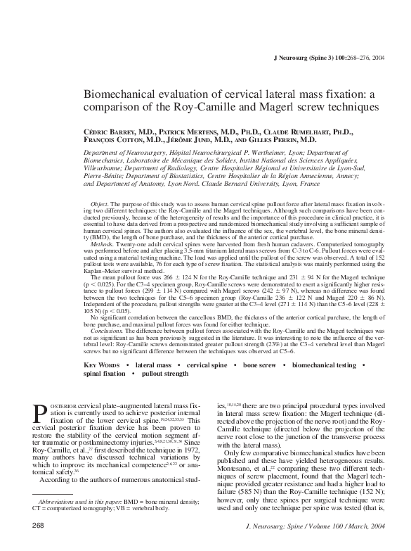 (PDF) Biomechanical evaluation of cervical lateral mass fixation: a ...
