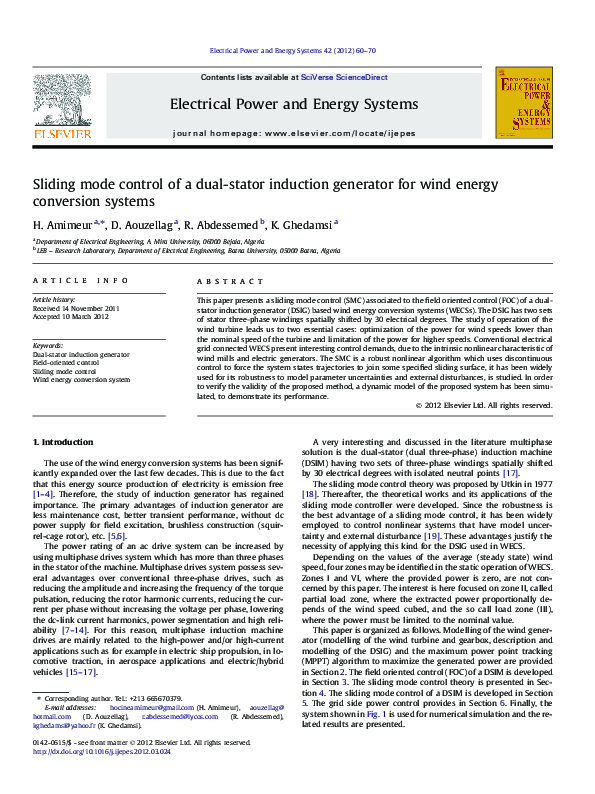 Pdf Sliding Mode Control Of A Dual Stator Induction Generator For