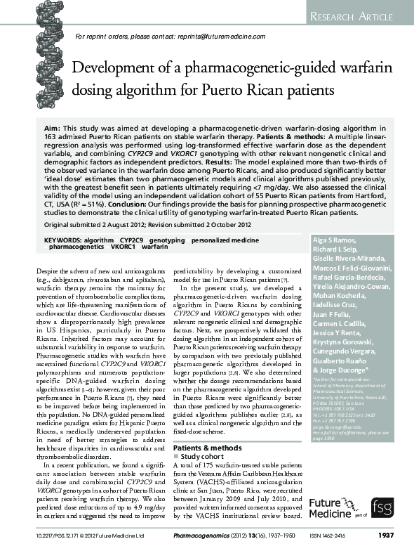 Development of a pharmacogenetic-guided warfarin dosing algorithm for ...