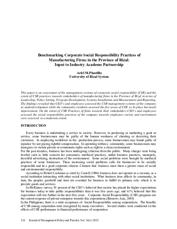(PDF) Benchmarking Corporate Social Responsibility Practices of ...